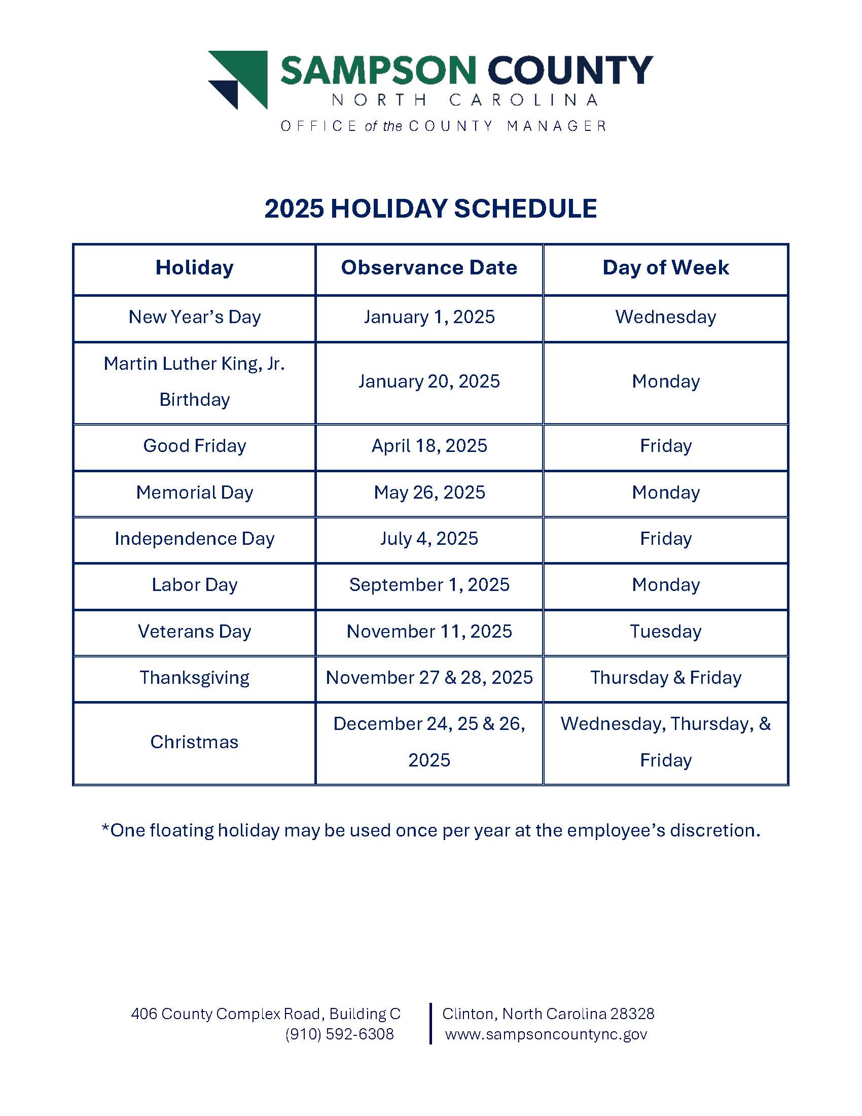 Holiday Schedule - Sampson County Government