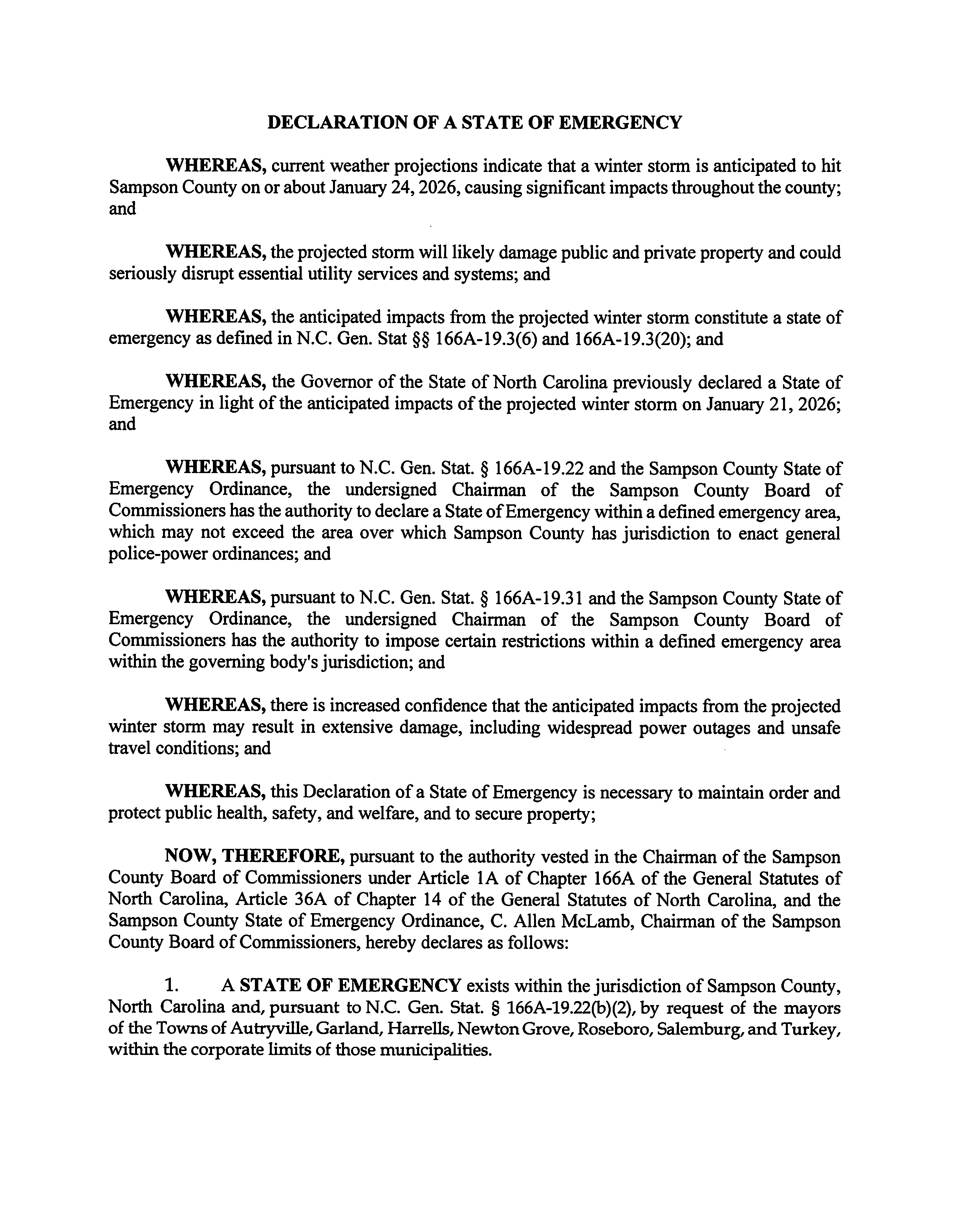Declaration of a State of Emergency 012226 - Sampson County Government