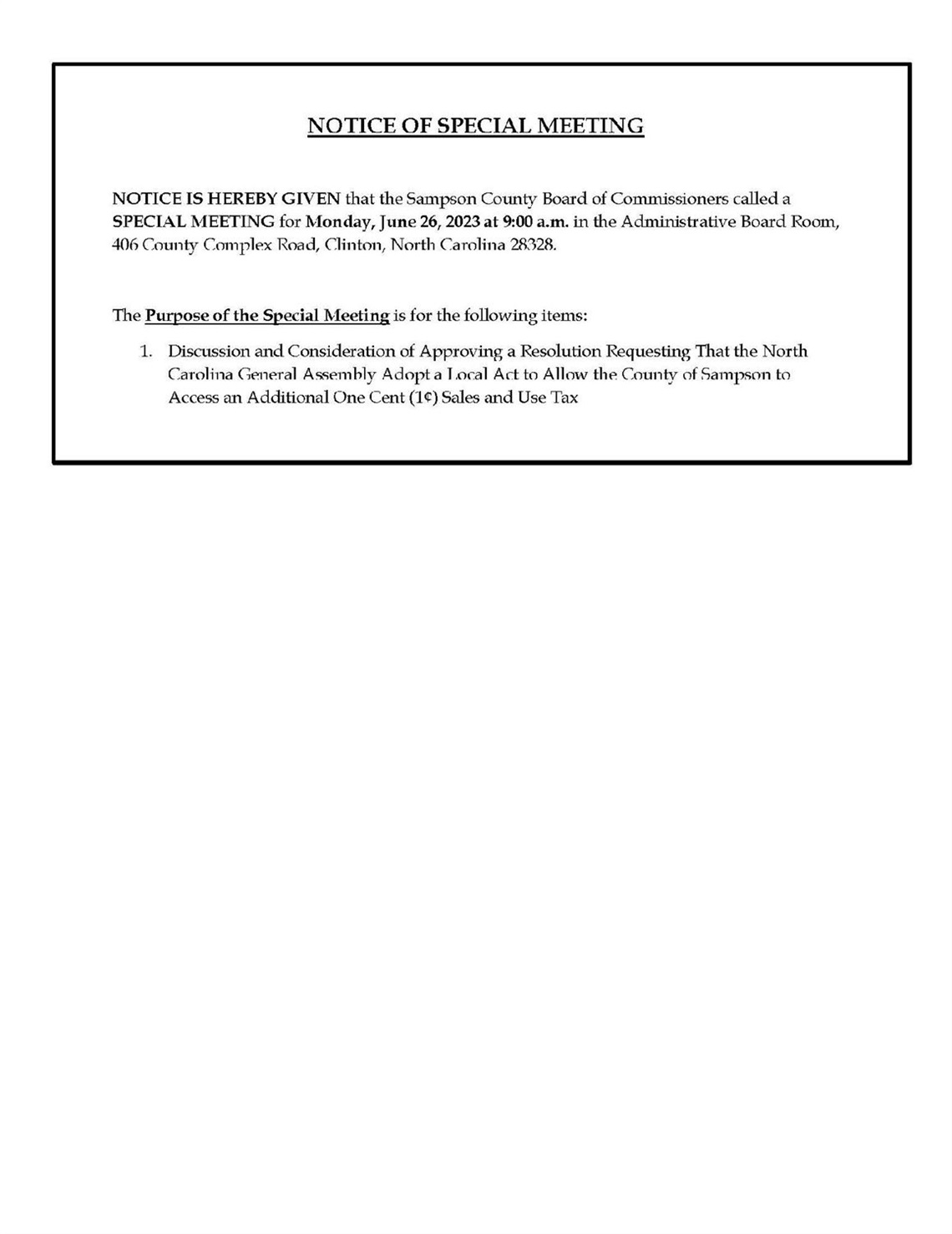 Notice of Special Meeting 06-26-23 - Sampson County Government