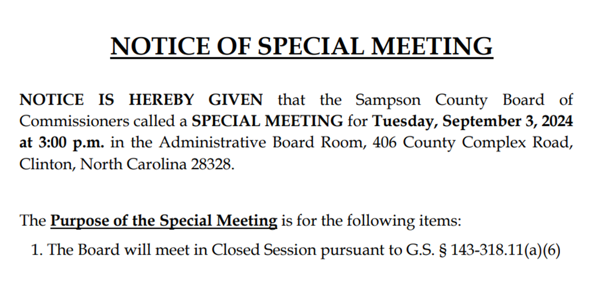 Notice of Special Meeting September 3, 2024 - Sampson County Government